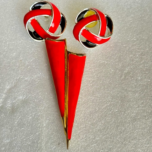 Jewelry | Red Enamel Ribbon Earrings And Geometric Pin Circa 198 | Poshmark